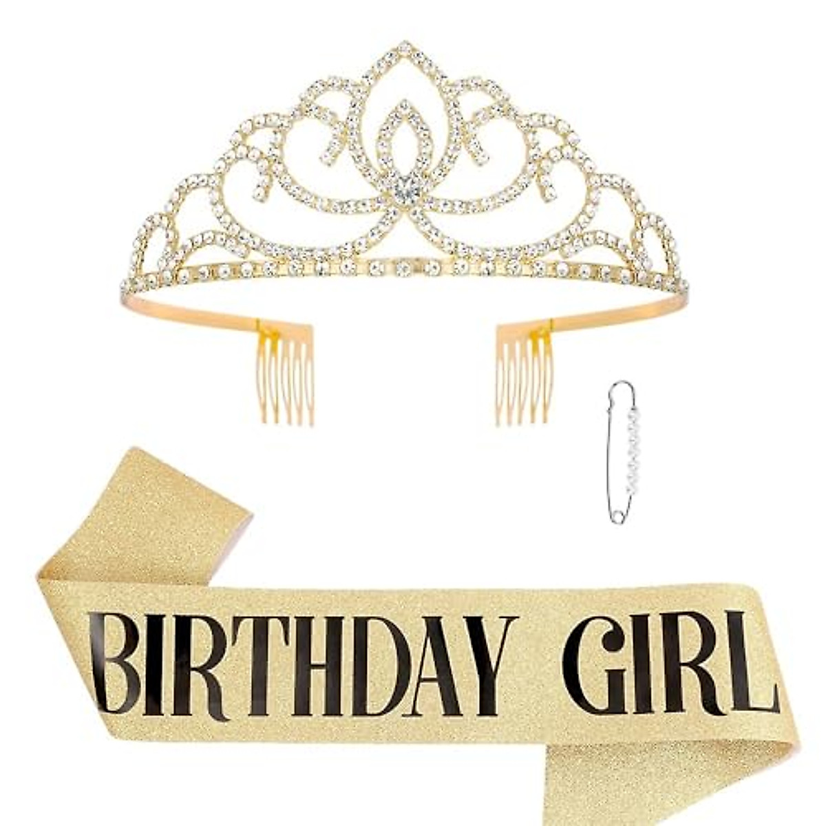FASOTY Birthday Crown and Birthday Girl Sash Birthday for Women Crowns Tiara for Women and Birthday Sash for Women Birthday Decorations for Girls Rhinestone Crown Princess Birthday Decorations Gold