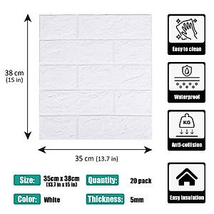 3D Wall Panels Peel and Stick - PE Foam DIY Self Adhesive, Waterproof, Perfect for Interior Wall Decor in Bedroom & Living Room (White, 20pcs 13×15’’)
