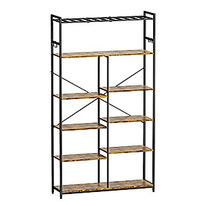 Iaocpio Double Wide 6 Tier Bookshelf, Bookshelves and Bookcases with 6 Hooks. Industrial Bookshelf for Living Room, Bedroom, and Home Office Brown.