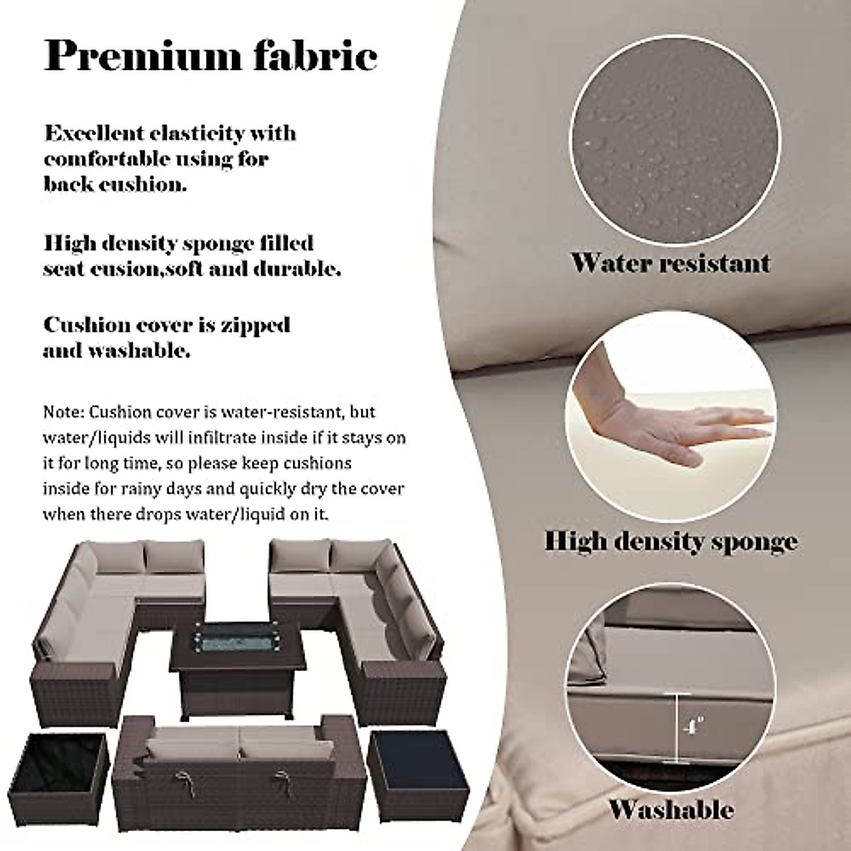 Gotland 13 Piece Large Outdoor Furniture Set, 10 Seater Wicker Patio Furniture Set, All Weather Deck Wicker Conversation Set with 43" Fire Pit Table has 10 Sofa Seats, 2 Coffee Tables and 4" Cushion’