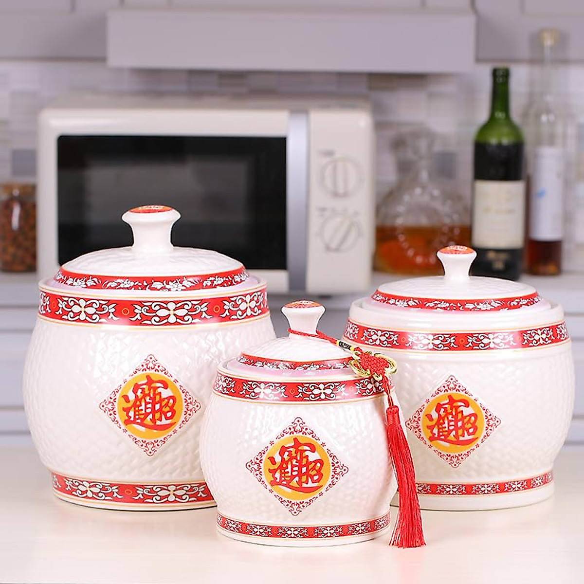 JIXDILO Chinese Ceramic Rice Bucket, Large Grain Dispenser, Food Storage Container with Lid, Sealed Rice Storage Jar for Noodles Rice Snacks(21x24cm(8x9inch), A)