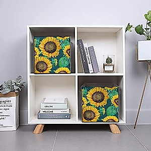 Watercolor Sunflowers Leaves Collapsible Storage Bins Cubes Organizer Trendy Fabric Storage Boxes Inserts Cube Drawers 11 Inch