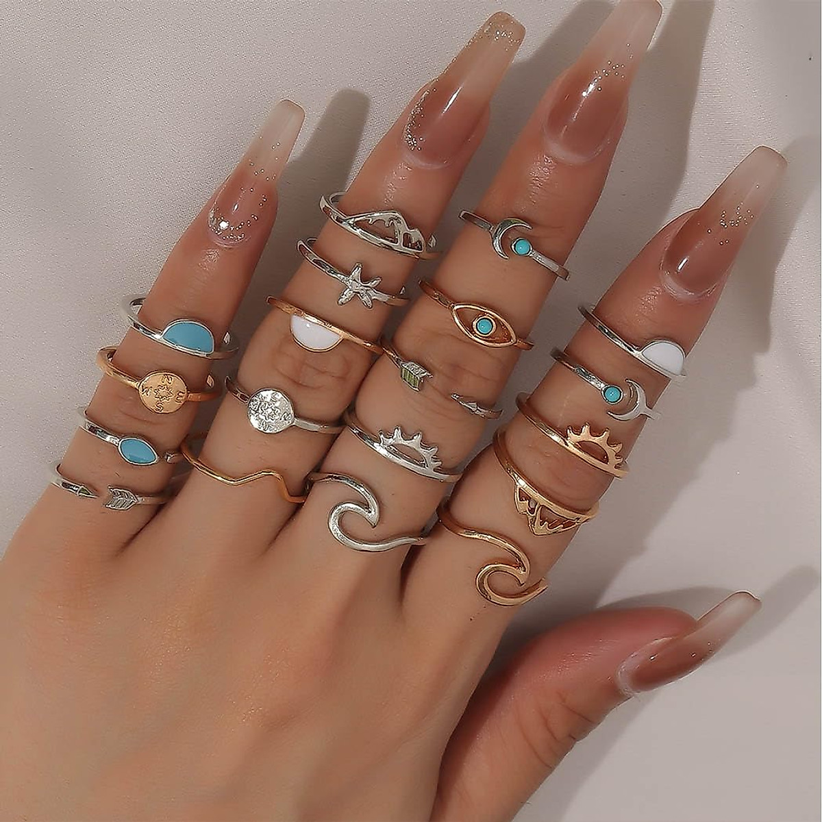 TWINKLEDE 19Pcs Finger Rings Silver Stackable Rings Statement Knuckle Ring Set Moon Star Wave Joint Accessories for Women