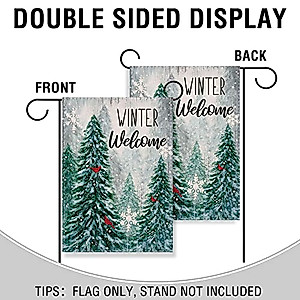 Artofy Winter Welcome Decorative Garden Flag Pine Trees, Snowy Forest Red Cardinal Birds House Yard Lawn Outdoor Burlap Flag, Farmhouse Outside Decoration Snowflakes Home Decor Double Sided 12 x 18