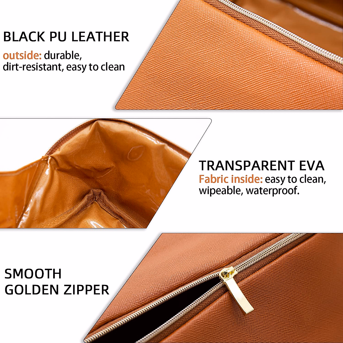 Makeup Bag,Large Capacity Travel Cosmetic Bag for Women, Multifunctional Open Flat Toiletry Bag with Handle,Washable Waterproof Beauty Zipper Makeup Organizer (Synthetic leather, brown)