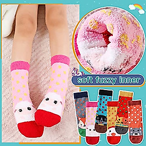 Eyean Kids Fuzzy Socks Non Slip Soft Fluffy Slipper Grips Socks Warm Plush Cozy Cabin Boy Girls Crew Socks 6 Pairs (Dot Animal, 8-12 Years)