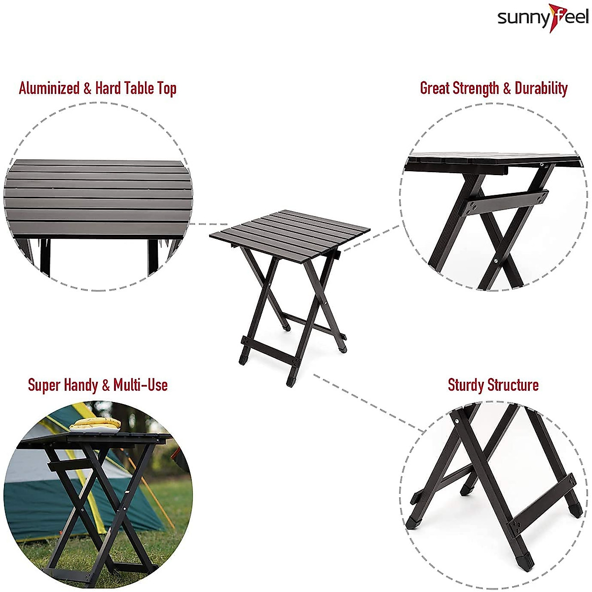 SUNNYFEEL Folding Camping Table - Lightweight Aluminum Portable Picnic Table, 18.5x18.5x24.5 Inch for Cooking, Beach, Hiking, Travel, Fishing, BBQ, Indoor Outdoor Small Foldable Camp Tables