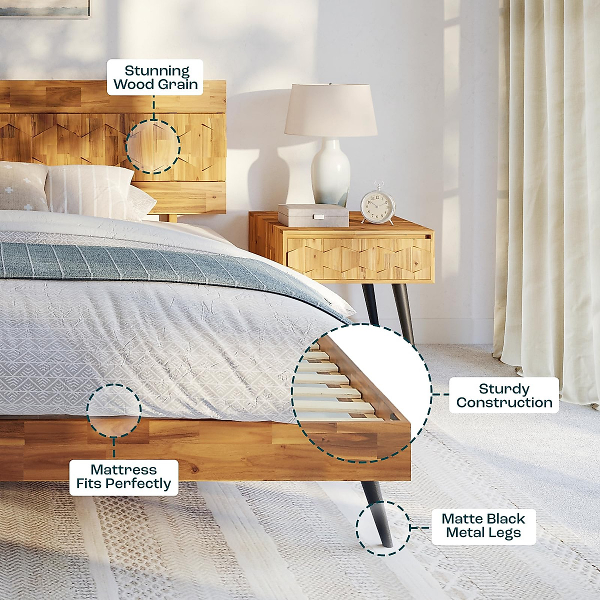 Bme Georgina Signature Bed Frame with Handcrafted Geometric Headboard, Mid Century Modern, Solid Acacia Wood, No Box Spring Needed, 12 Strong Wood Slats Support, Easy Assembly, Teak Brown, Queen