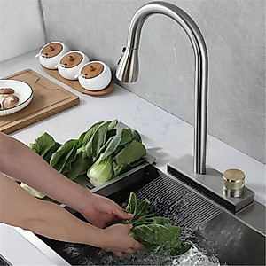 Kitchen Faucet with Pull Down Sprayer Stainless Steel Brushed Nickel Waterfall Faucet Farmhouse Commercial Bar Waterfall Kitchen Sink Faucet,Black