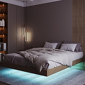 HomeModrn Floatzy Floating RGB Led Platform Bed Frame – Solid Wood with Mattress Foundation – No Box Spring Needed, Easy Assembly, Heavy Duty, No-Slip Bed Foundation (California King, Golden Pecan)