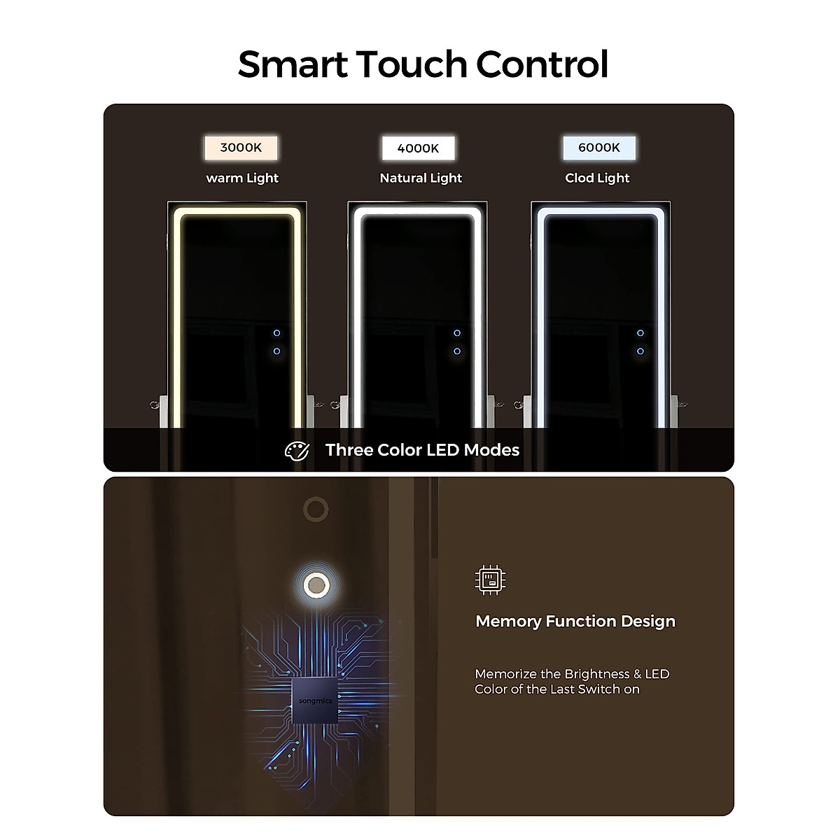 SONGMICS LED Mirror Jewelry Cabinet, Adjustable Brightness and 3 Shades of Light, Standing Jewelry Armoire with Full-Length Mirror, Jewelry Organizer with Built-in Mirror and Lights, White UJJC016W01