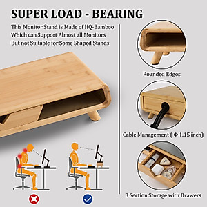 Homerays Bamboo Monitor Stand Riser, No Assembly Required Exquisite Monitor Stand with Drawer, Ergonomic Height Wood Monitor Stand