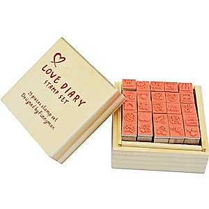 Wooden Rubber Stamps,Youkwer 25 Pcs Mini Cute DIY Diary Stamps Set with Wooden Box （25PCS，Love Diary）