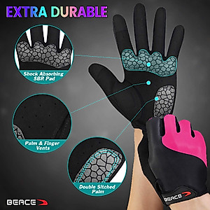 BEACE Cycling Gloves Bike Gloves Biking Gloves(Rose Red) with Touch Screen-Full Finger Road Gloves Mountain Bike Gloves Anti-Slip Silicone Palm for Men Women