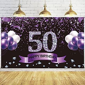 Trgowaul Happy 50th Birthday Decorations for her, Purple Happy 50 Birthday Backdrop Banner for Women, 50 Years Old Bday Party Supplies Photography Background Birthday Sign Poster Decor Gift for Girls