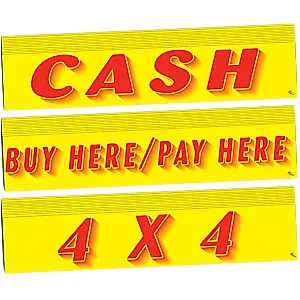 Versa Tags Windshield Slogan Stickers 12 Pack of Cash Stickers 12 Pack of Buy HERE Pay HERE Slogans 12 Pack of 4X4 Window Stickers (36) Dealership Stickers Red On Yellow