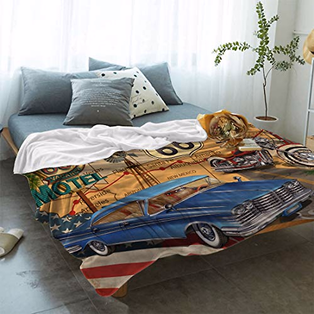 Singingin Ultra Soft Flannel Fleece Bed Blanket Retro Car Motel Route 66 Throw Blanket All Season Warm Fuzzy Light Weight Cozy Plush Blankets for Living Room/Bedroom
