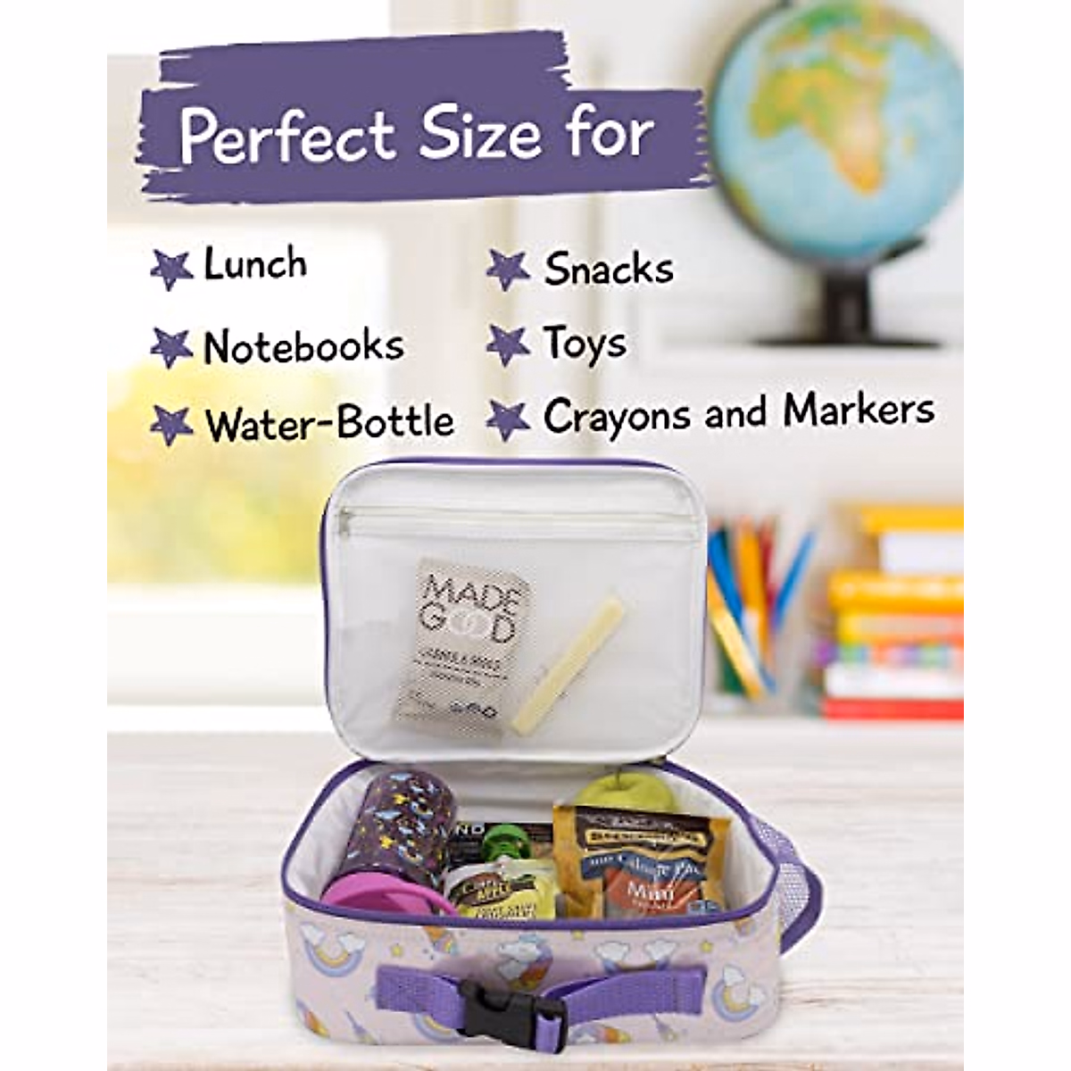 JOY2B Lunch Box Kids with Reusable Snackbag - Kids Lunch Box for Girls and Boys Lunch Bag Kids with Water Bottle Holder - Unicorn Party