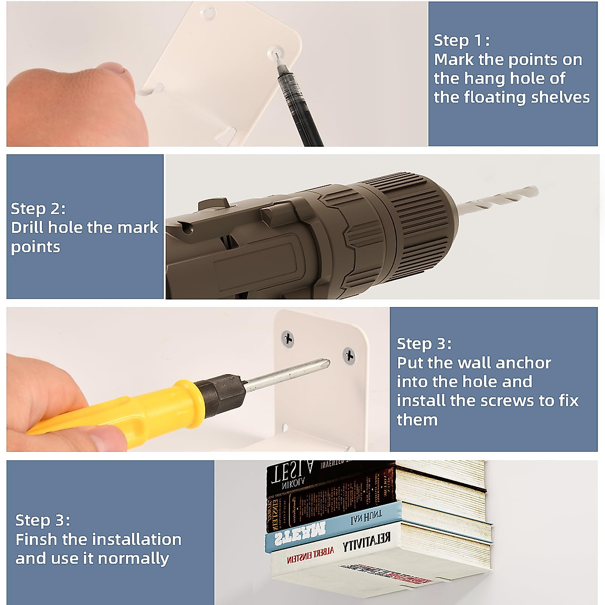 E-Senior Invisible Floating Bookshelves Set of 2, White Wall Mounted Bookshelf, Heavy-Duty Book Organizers, Iron Hanging Shelves for Bedroom, Living Room, Kitchen, Office