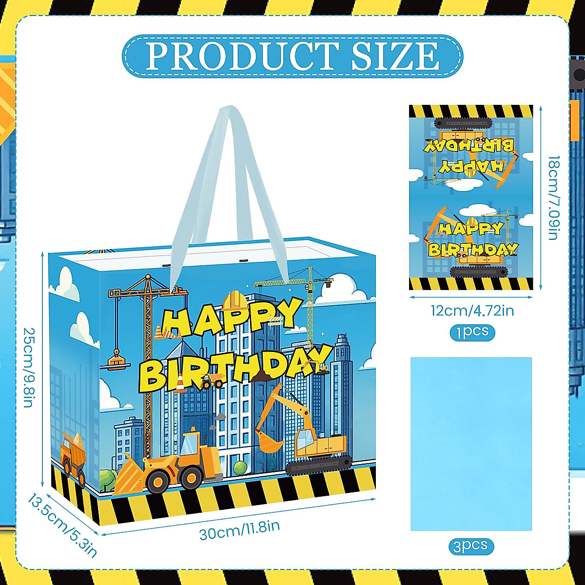 CASLON 1Pc Construction Birthday Gift Bag with Tissue Paper and Card, Blue Construction Birthday Wrapping Paper Bag Construction Truck Party Gift Bag Christmas Gift Bag for Boys Construction Birthday