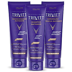 3 Piece Violet Toning Kit for Blonde Hair - Shampoo 280ml, Conditioner Cream 250ml, Intensive Moisturizing Cream 250ml for Advanced Hydration and Repair - Professional Trivitt by Itallian Hairtech