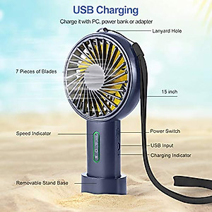 IPOW Mini Handheld Fan Personal Portable Fan 3 Speed Adjustable Angle Removable Base Lanyard USB Recharging Battery Operated Small Desk Cooling Face Fan for Home Camping Disney Travel Navy Blue