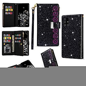 BOYUHII Silicone Protective Case for phone For Samsung Galaxy A81 / Note 10 Lite / M60s Multi-card Slots Starry Sky Laser Carving Glitter Zipper Horizontal Flip Leather Case with Holder & Wallet & Lan