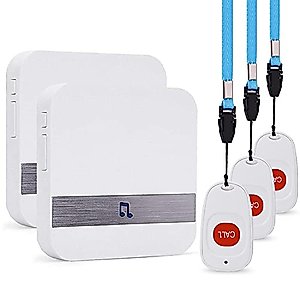 Caregiver Pager Wireless Life Alert Systems for Seniors IP55 Waterproof, Fall Alert Devices for Elderly, Panic Buttons with Necklace (3 Call Buttons + 2 Receivers)