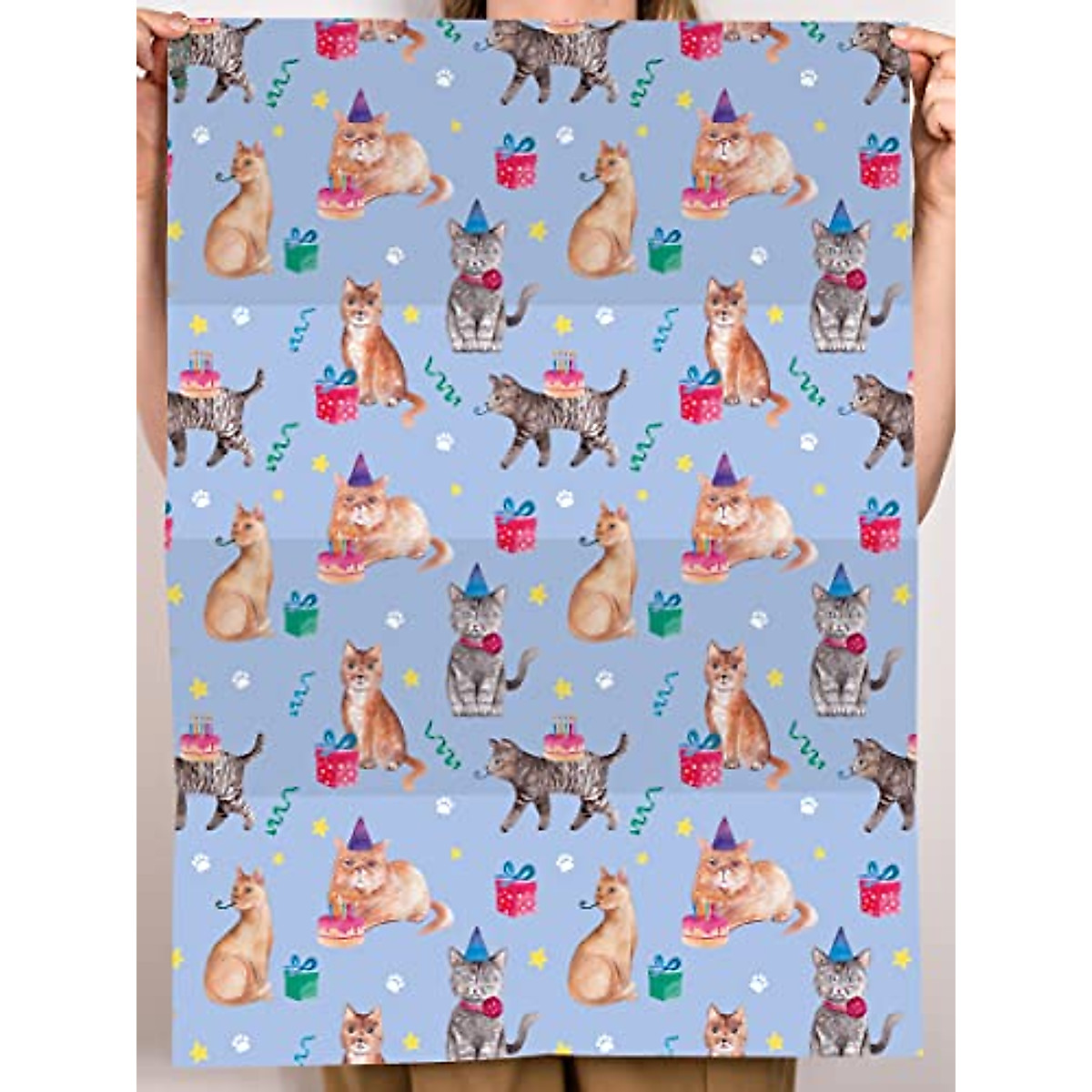 CENTRAL 23 Cat Wrapping Paper - 6 Sheets Blue Gift Wrap - Cat Themed Gifts For Girls - Cat Birthday Wrapping Paper For Pets - Cat Mom And Dad - Comes With Cute Stickers