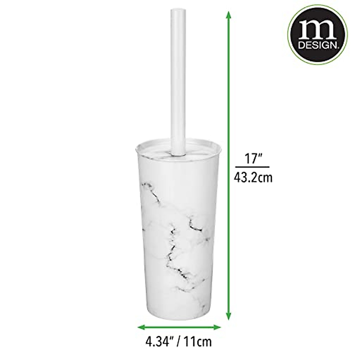mDesign Metal Freestanding Slim Toilet Bowl Brush and Holder + Rectangle Narrow 5 Liter / 1.3 Gallon Step Pedal Trash Can Wastebasket for Bathroom - Small, Compact Design - Set of 2 - White Marble