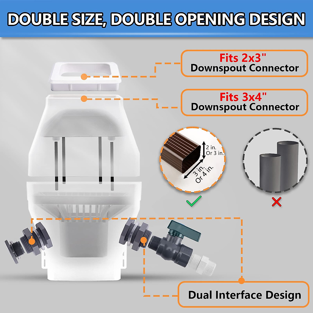 Rainwater Collection System, Rain Diverter for 2x3”and 3x4” Standard Downspouts, with PVC 3/4 Spigot and Filtration, White