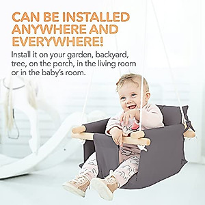 CaTeam - Canvas Baby Swing, Wooden Hanging Swing Seat Chair with Safety Belt, Durable Baby Hammock Chair, Outdoor and Indoor Swing for Kids, Mounting Hardware Included, Dark Gray