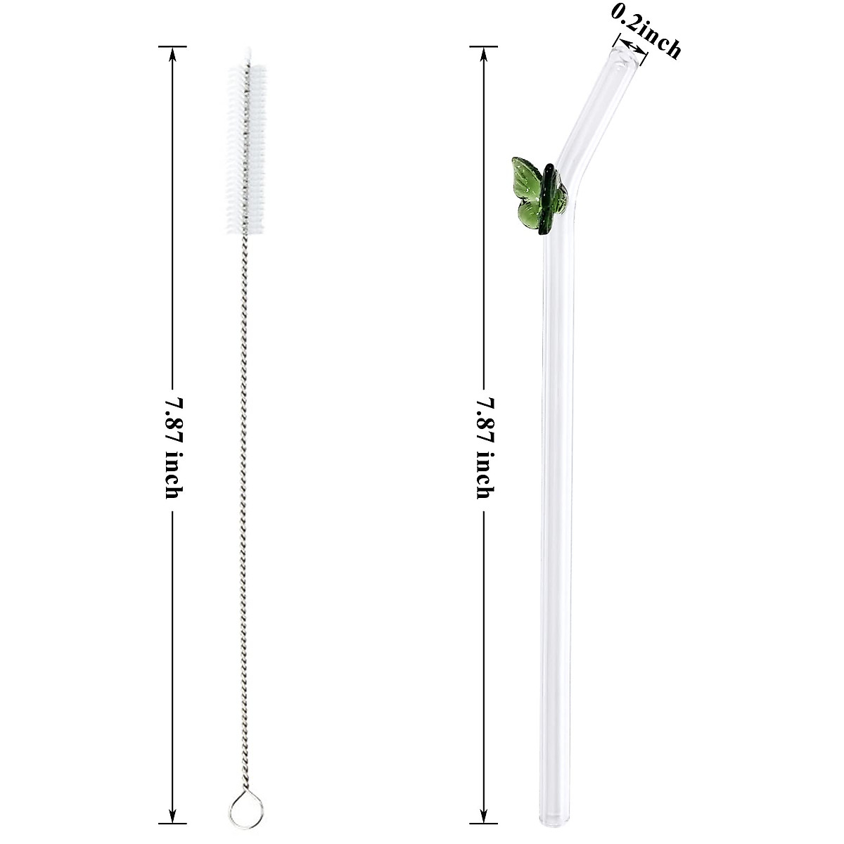 5 Pcs Reusable Glass Straws,Colorful Butterfly on Clear Straws With Design 7.9in X 8mm Shatter Resistant Bent Drinking Straws with 2 Cleaning Brushes for Shakes,Juices,Smoothies, Cocktails