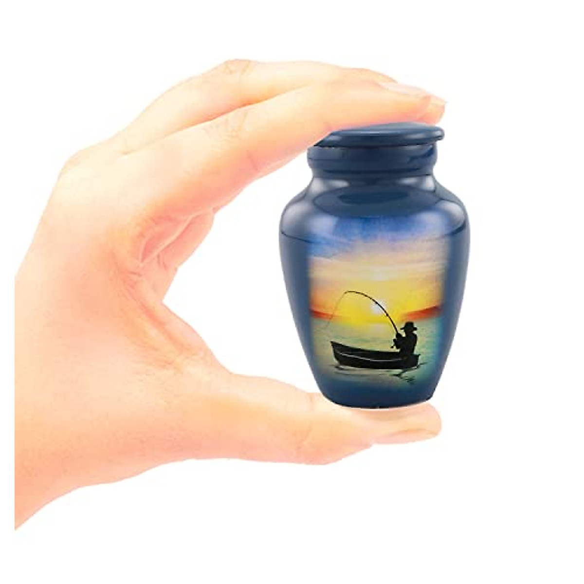 Immortal Memories Fishing Keepsake Urn - Keeksake Cremation for Ashes Token Hand Painted Mini Memorial Sharing with Velvet Case & Bag (Keepsake), Sky Blue