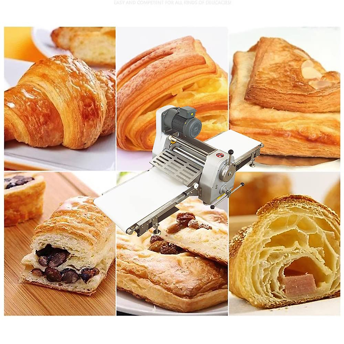 INTBUYING Countertop Dough Sheeter Machine 24in Reversible Pastry Dough Roller Press Sheeter Dough Flatten Laminator Pie Crisp Sheets Folding Machine Danish Pastry Machine 0.04"-1.26" Thickness 110V