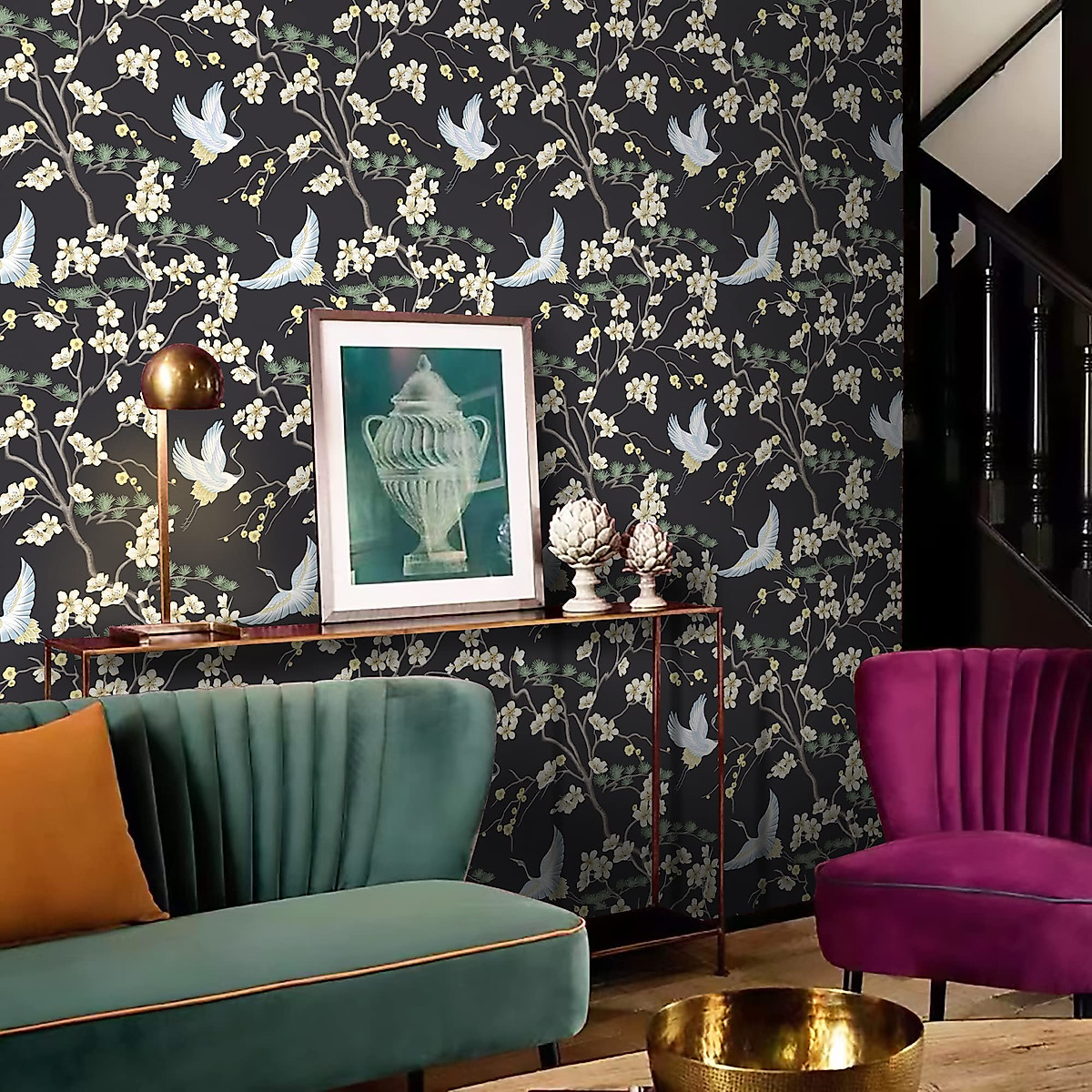 Micpolo Peel and Stick Wallpaper Black Floral Contact Paper Flowers and Birds Wall Paper Self Adhesive and Removable 16.1"x78"