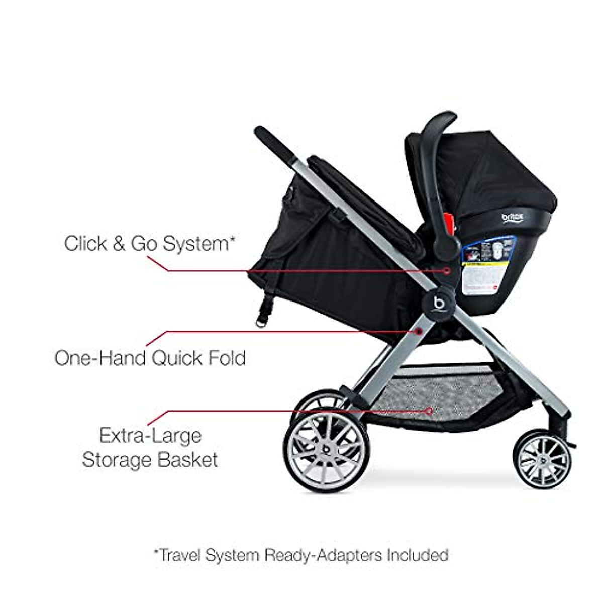 BRITAX B-Lively Travel System with B-Safe 35 Infant Car Seat | One Hand Fold, XL Storage, Ventilated Canopy, Easy to Maneuver, Raven (S05588500)