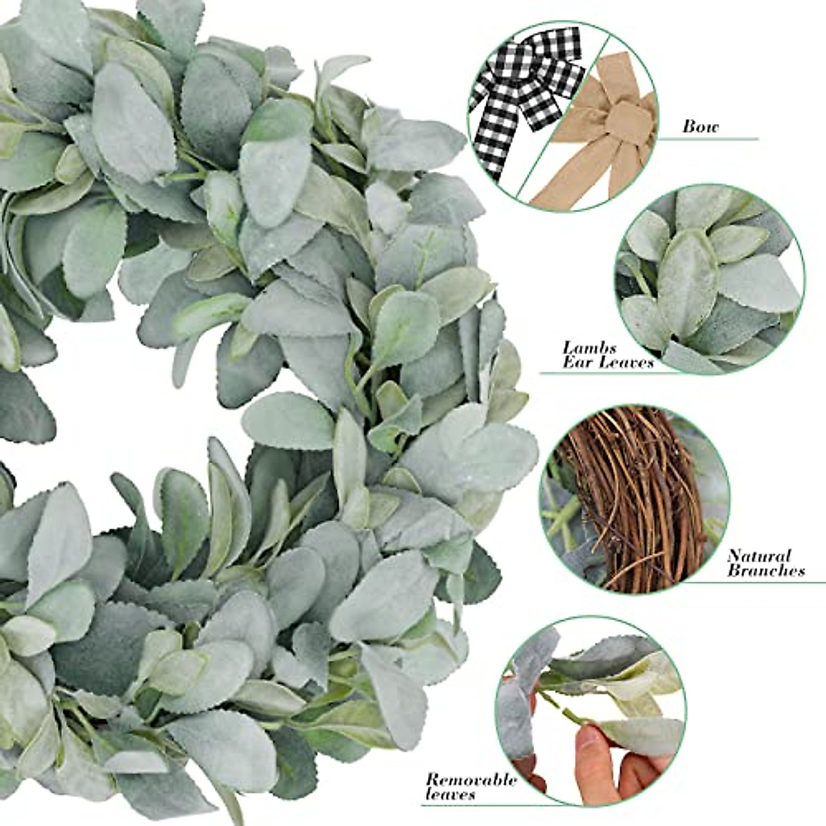 CEWOR 22 Inch Fall Wreath Flocked Lambs Ear Wreaths for Front Door Spring Summer Greenery Wreath for Wall Window with Two Bows (Burlap & Buffalo Plaid Bow)