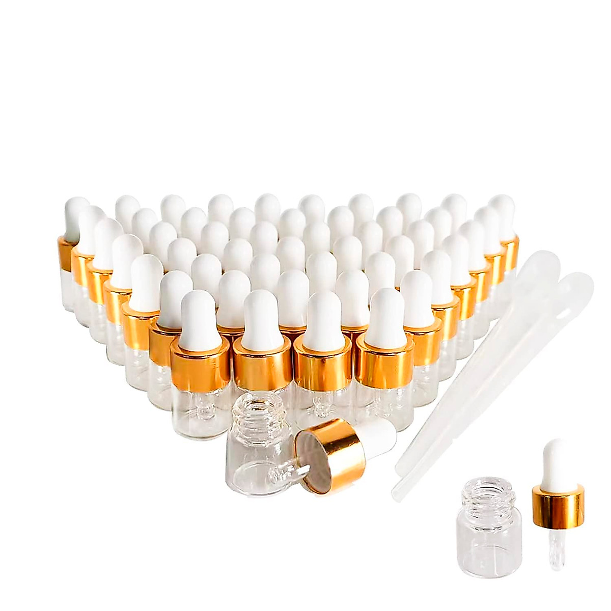 BEGIKET 50PCS Transparent Sample Dropper Bottles, 1 ml Mini Essential Oil Dropper Bottle with 2 Plastic Droppers, Used for Travel Essential Oil, Perfume and Cosmetic Liquid