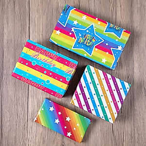 PlandRichW Rainbow Wrapping Paper Folded for Kids Boys Girls Birthday with Rainbow Star Stripe Line Happy Birthday 4 Designs for Baby Shower, Party, Precut 12 Sheets Each 20"x29"