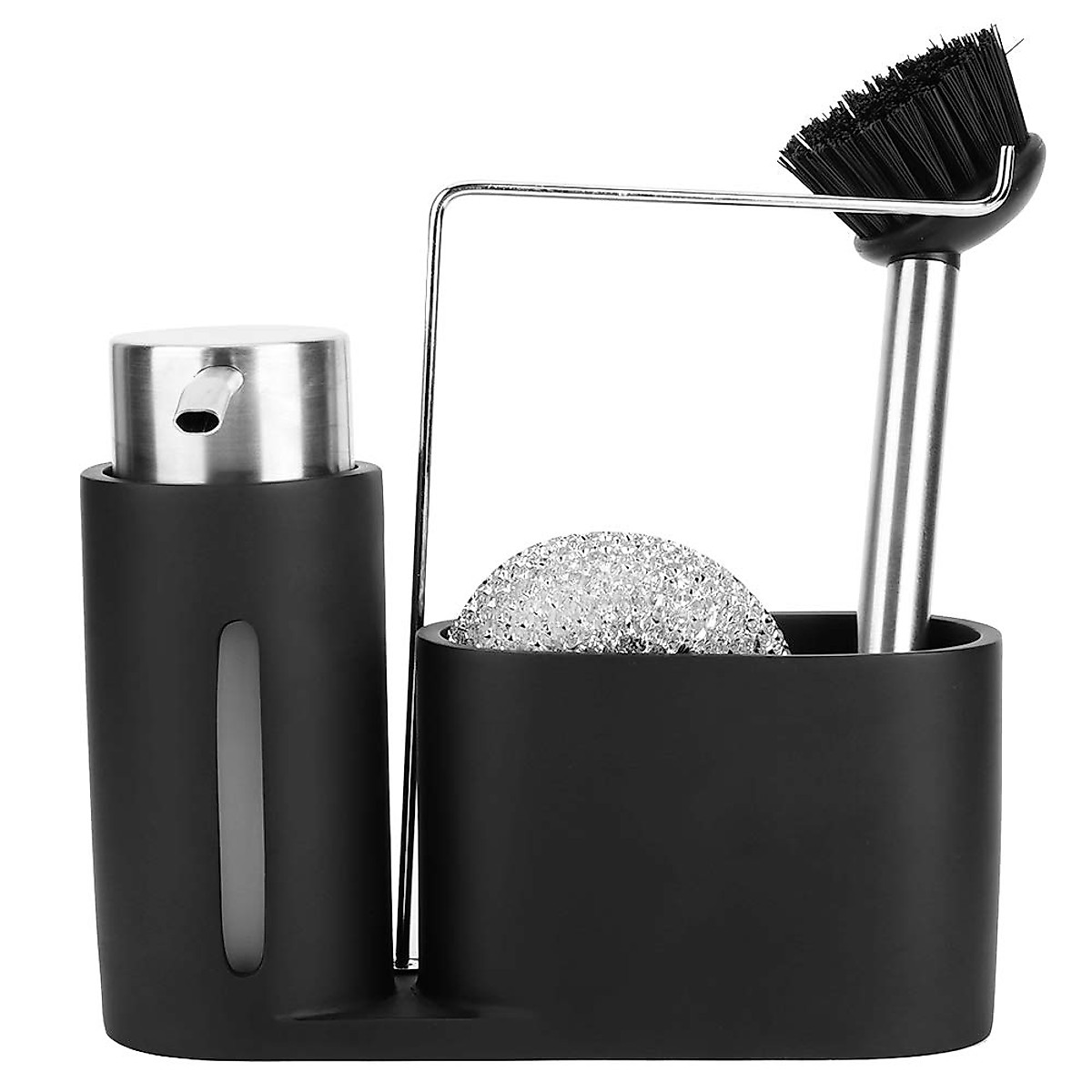 Kitchen Storage Rack with Detergent Dispenser, Steel Wire Ball and Brush Kitchen Sink Tableware Detergent Dispenser Container Dish Cloth Rag Storage Rack Black