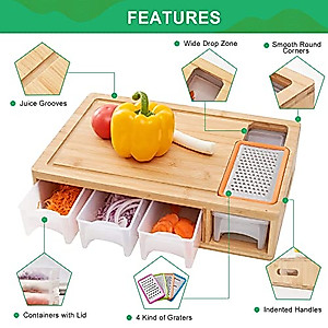 WORTHYEAH Smart Cutting Board - Bamboo Cutting Board with Containers, Wood Cutting Boards with 4 Trays/Storage with Lids & 4 Graters, Food Prep Deck Large Tank Chopping Cutting Boards for Kitchen