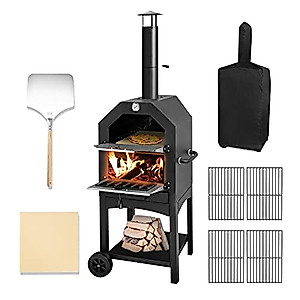 U-MAX Outdoor Portable Pizza Oven Wood Fired Oven with Waterproof Cover, Steel Pizza Grill, 2 Removable Wheels, Pizza Maker Camping Cooker with Pizza Stone