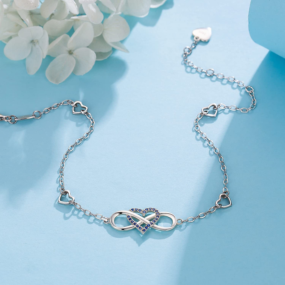 BlingGem Anklet for Women 925 Sterling Silver Cubic Zirconia Blue Infinity Heart Ankle Bracelet for Women Birthday Anniversary Wedding Jewellery Gift for Women