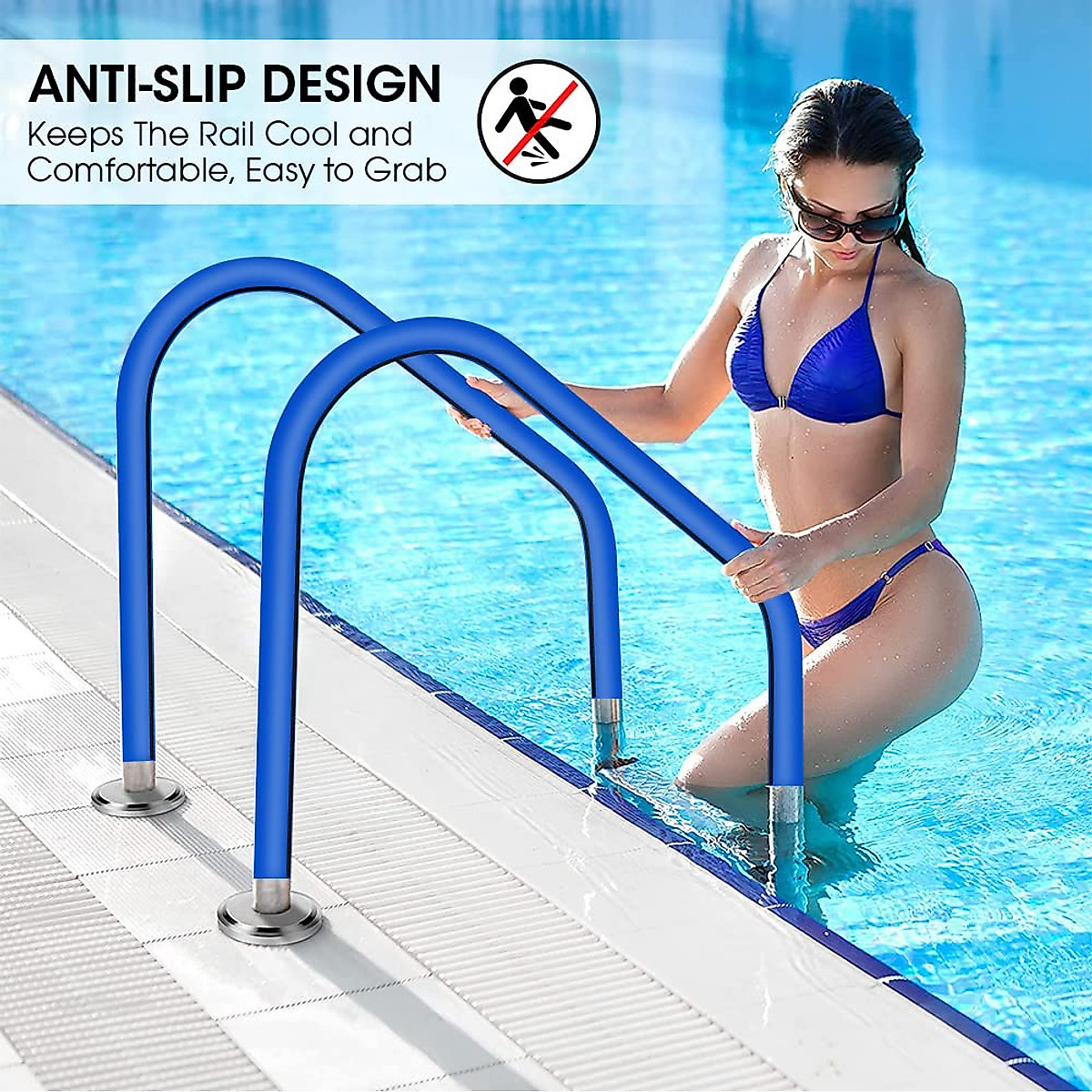 Pool Handrail Cover, Rail Grip for Swimming Pool Hand Railing Covers with Zipper, Slip Resistant Safety Grip Sleeve for Swimming Pool Inground Ladder Handles Hand Railing Covers Grips-10 Feet, Blue