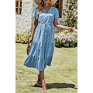 PRETTYGARDEN Women's Floral Boho Dress Casual Short Sleeve V Neck Ruffle Tiered Summer Swing Maxi Dresses(Blue,Medium)
