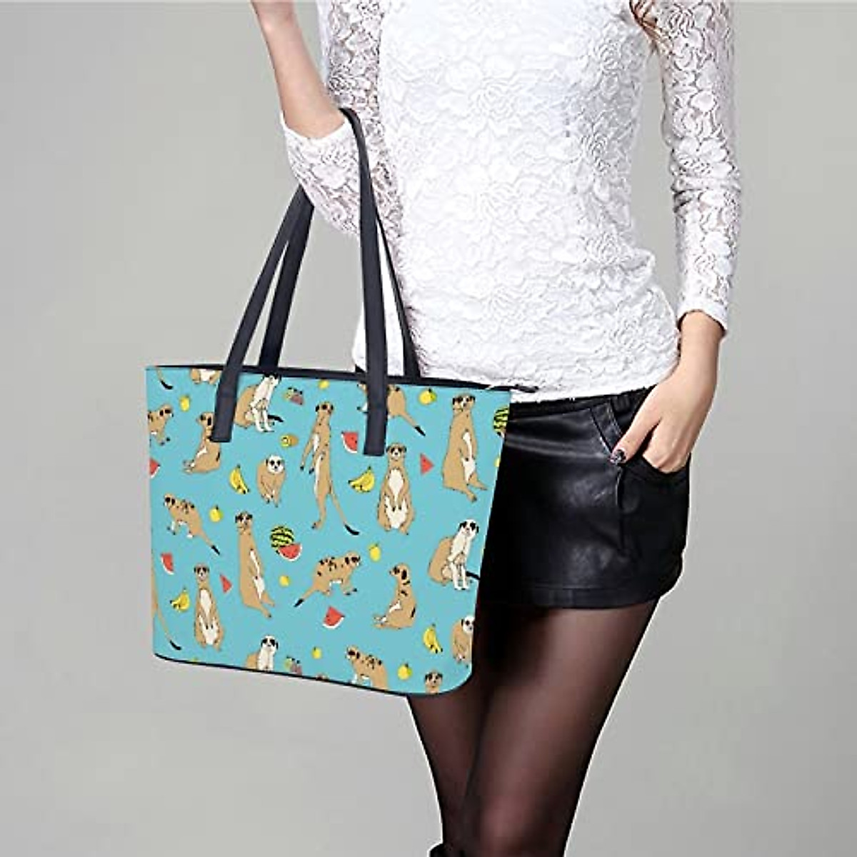 Meerkats And Fruits Women's Tote Bag PU Leather Shoulder Bag Handbags Purse For Work Shopping Travel