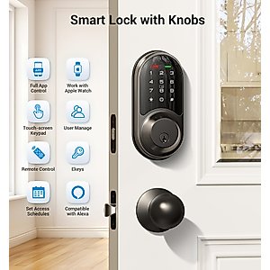 Veise Smart Locks for Front Door, 2 Knob Handle Set, Keyless Entry Deadbolt, App Control, Electronic Touchscreen Digital Keypad, Auto Lock, Easy Installation, IP54 Waterproof, Matte Black