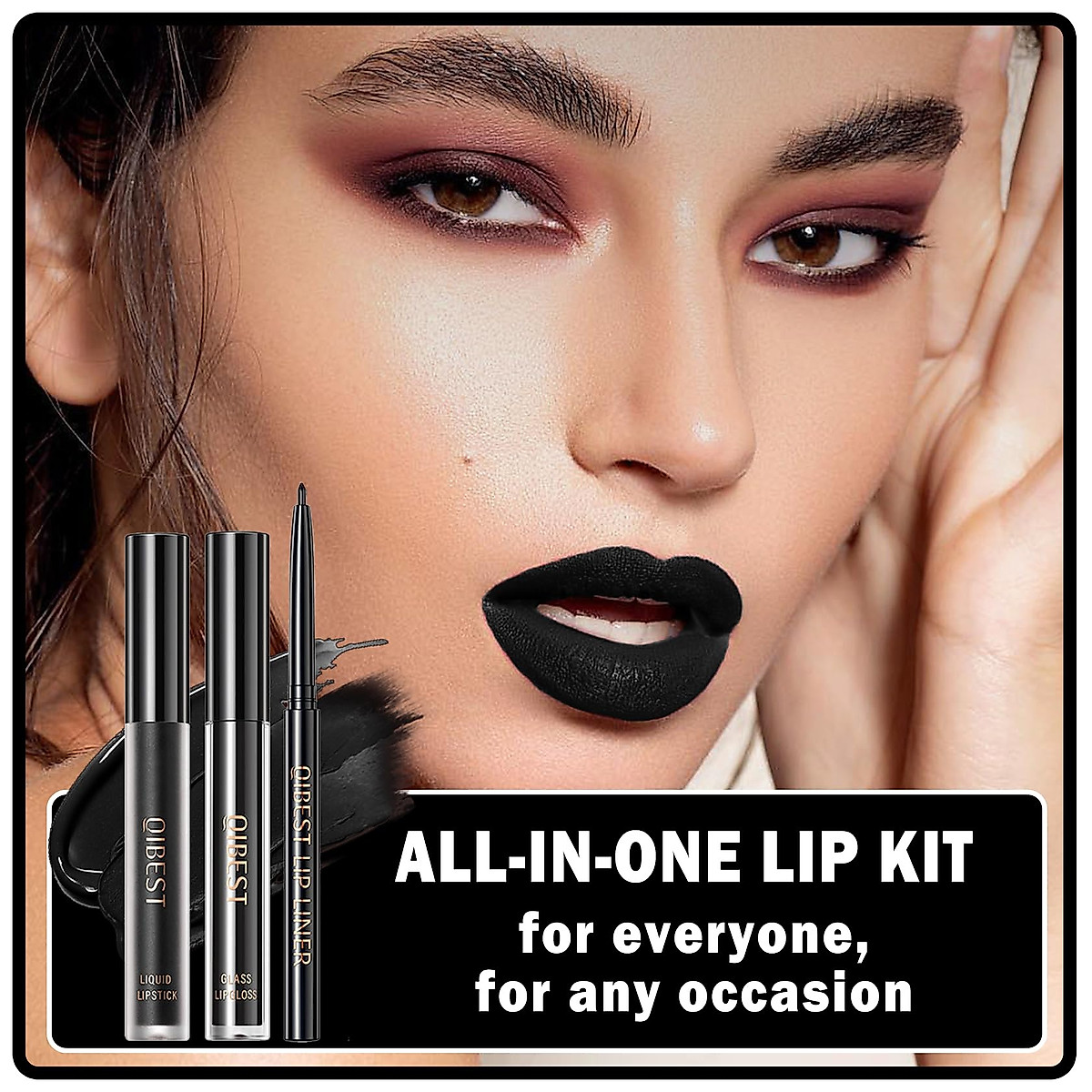 QIUFSSE 3 in 1 Black Lip Liner Pencil and Lipstick lipgloss Set Matte Black Lipstick Lip Gloss Kit Long-lasting Nonstick Cup Smudge Proof Lip Kits with Lip Liner,Velvet Goth Makeup (12#Black Magic)