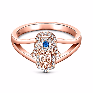 Evil Eye Hamsa Ring Hand of Fatima Rings for Women 925 Sterling Silver Protection Good Luck Spiritual Rose Gold Plated Blue Third Eye Jewelry Dainty Christmas Gifts Size 7